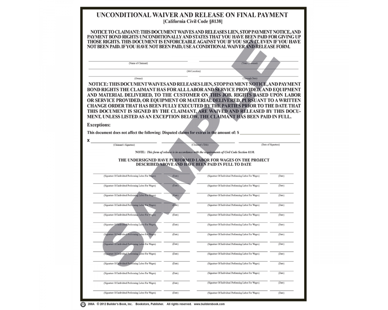 208A - Unconditional Waiver & Release Upon Final Payment: Builder's ...