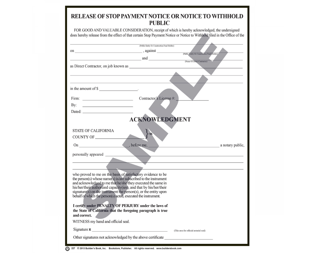 227 - Release of Stop Notice or Notice to Withhold (Public): Builder's ...