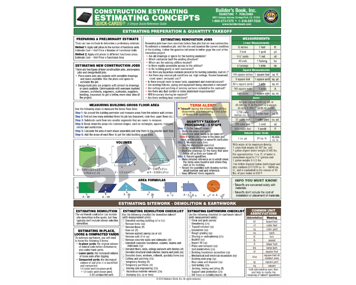 Construction Estimating Concepts Quick-Card: Builder's Book, Inc.Bookstore