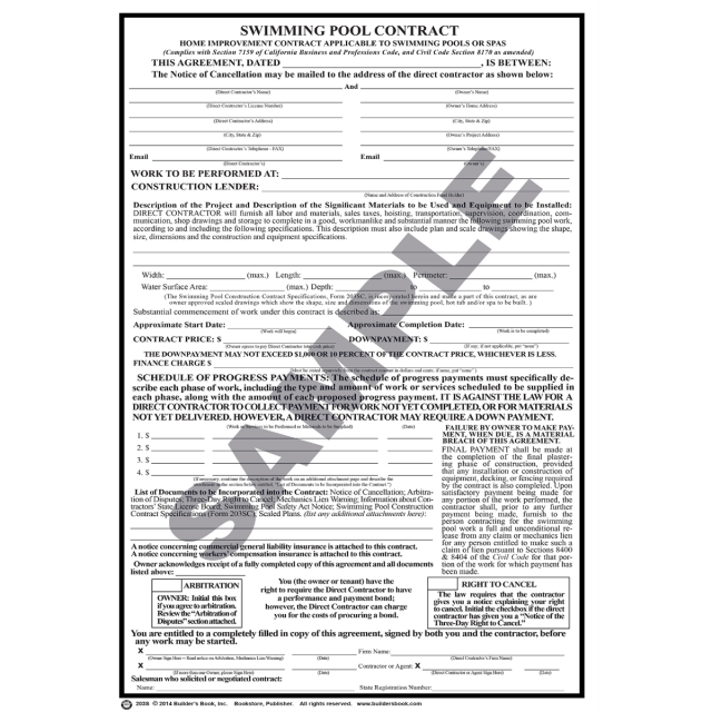 203SC - Swimming Pool Construction Contract Specifications Builder's ...