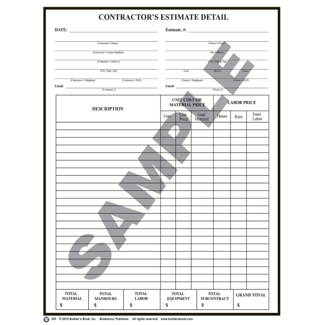Buy Kitchen Estimate Worksheet Pack of 50 | Buildersbook.com