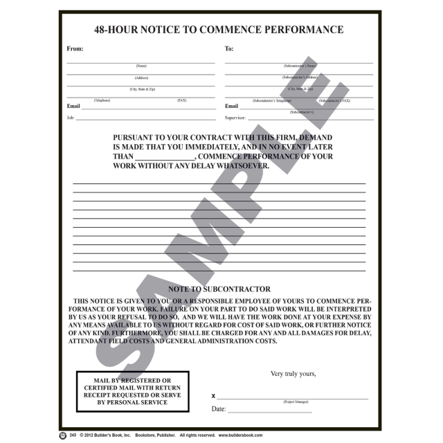 243 - 48-Hour Notice to Commence Performance: Builder's Book, Inc.Bookstore