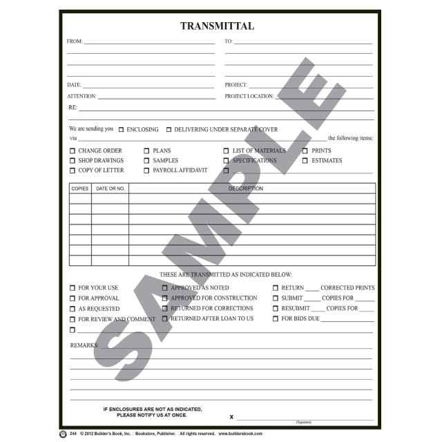 244 - Letter of Transmittal (Dup.): Builder's Book, Inc.Bookstore