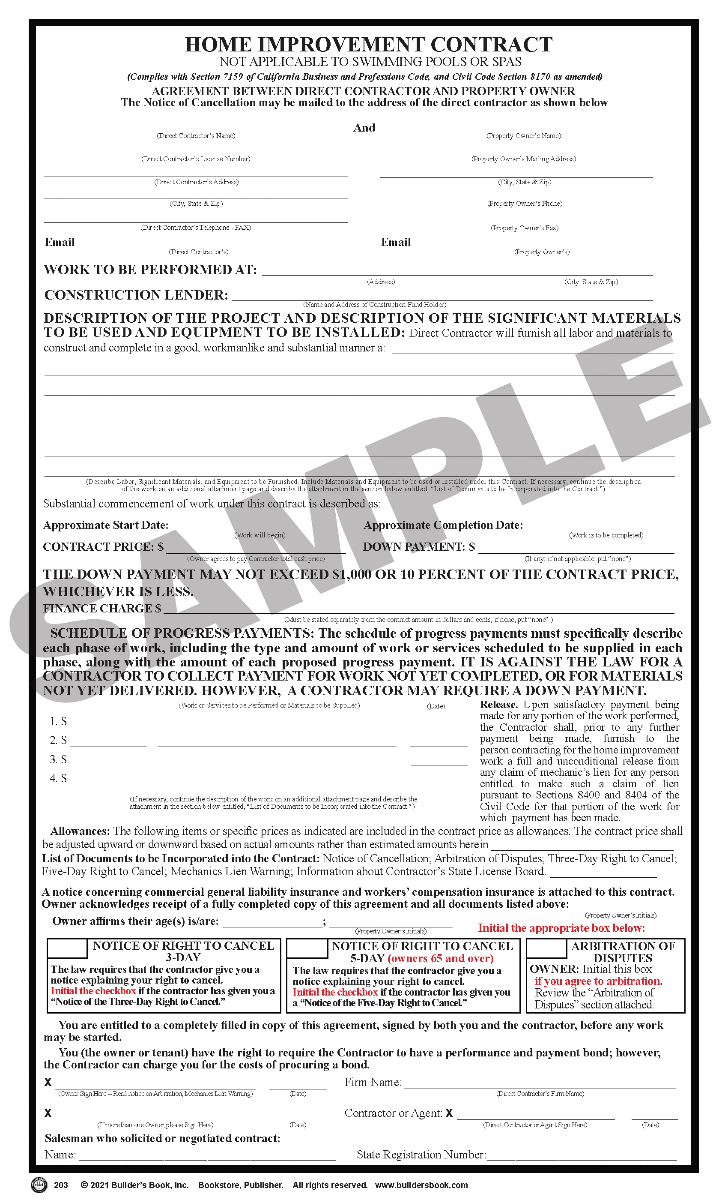 203 - Home Improvement Contract (Package of 50): Builder's Book, Inc ...