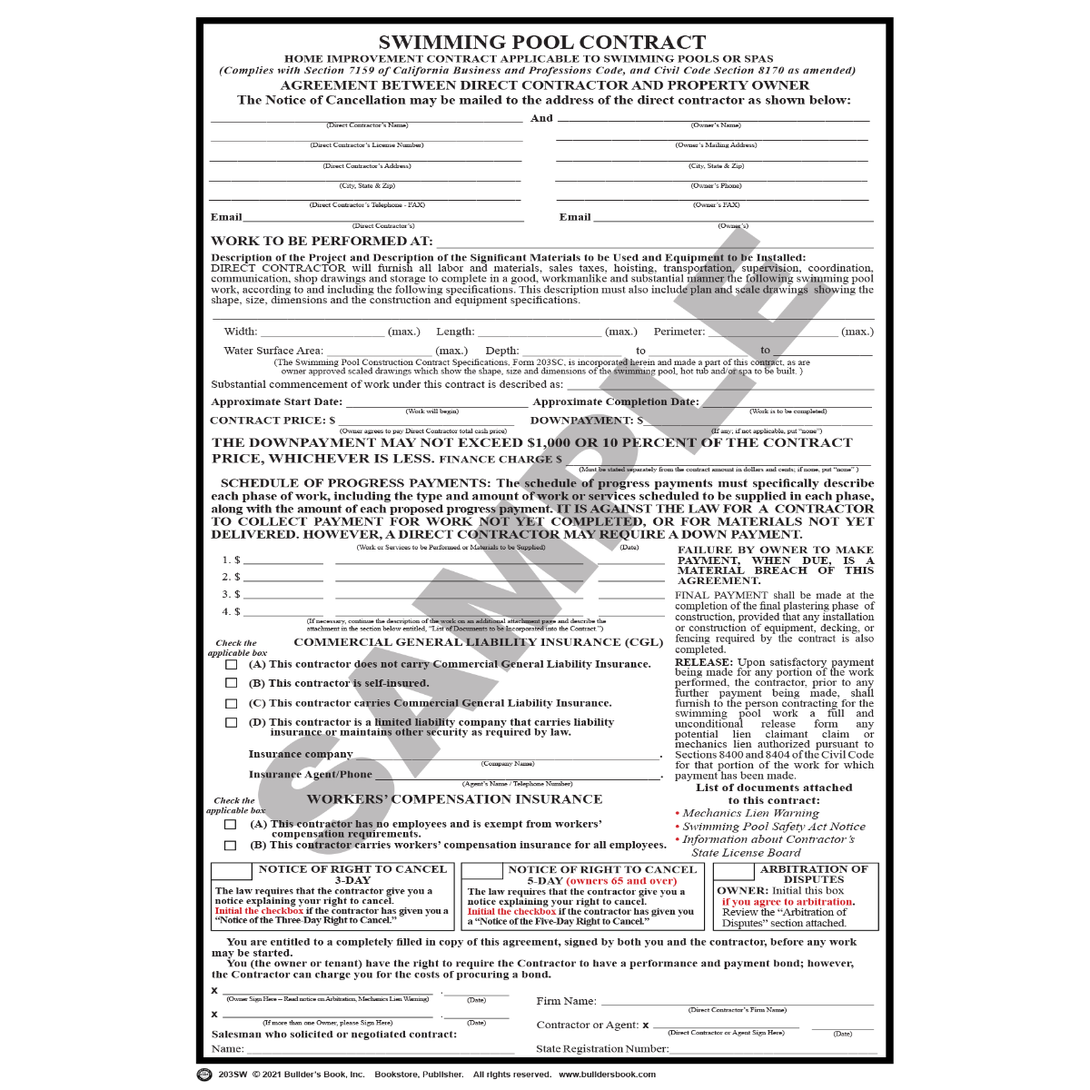 203SC - Swimming Pool Construction Contract Specifications Builder's ...