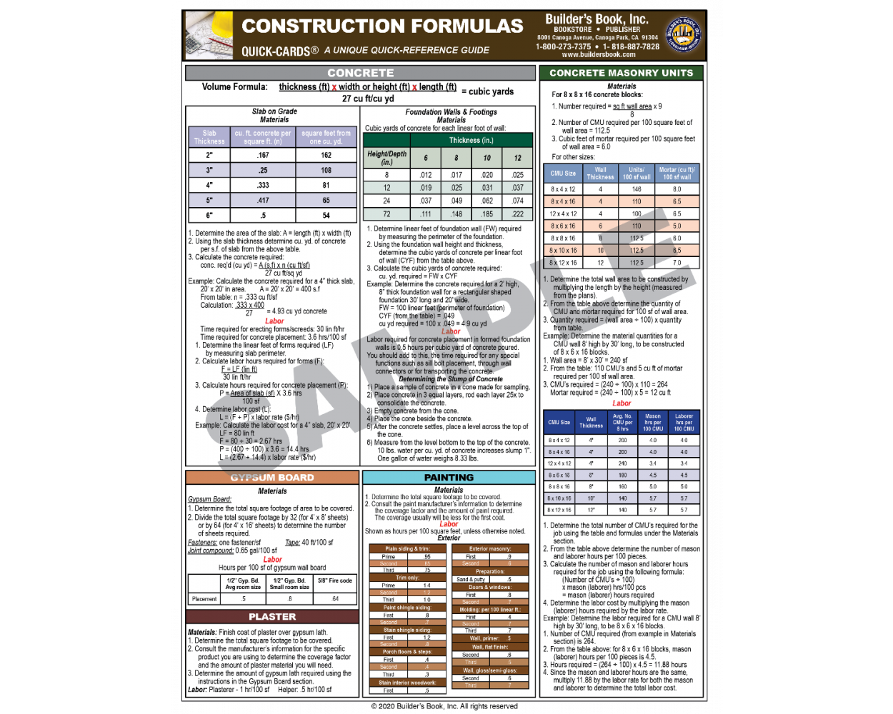 Construction Formulas Quick-Card