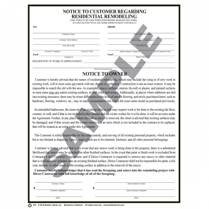 234 - Notice to Owner Regarding Residential Remodeling (Download)